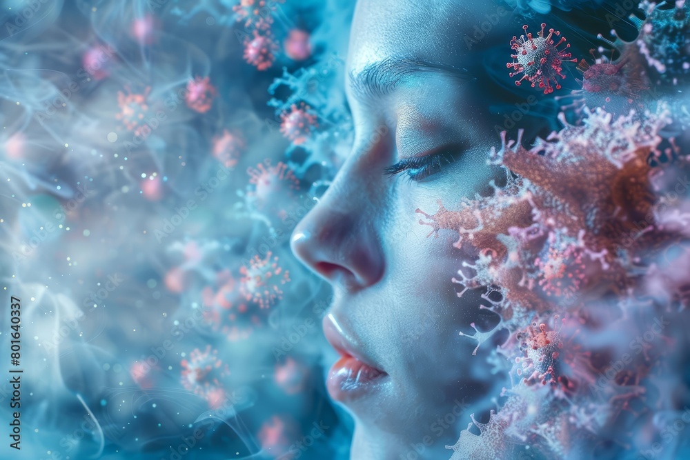 The common cold is visualized by a cluster of rhinovirus particles ...