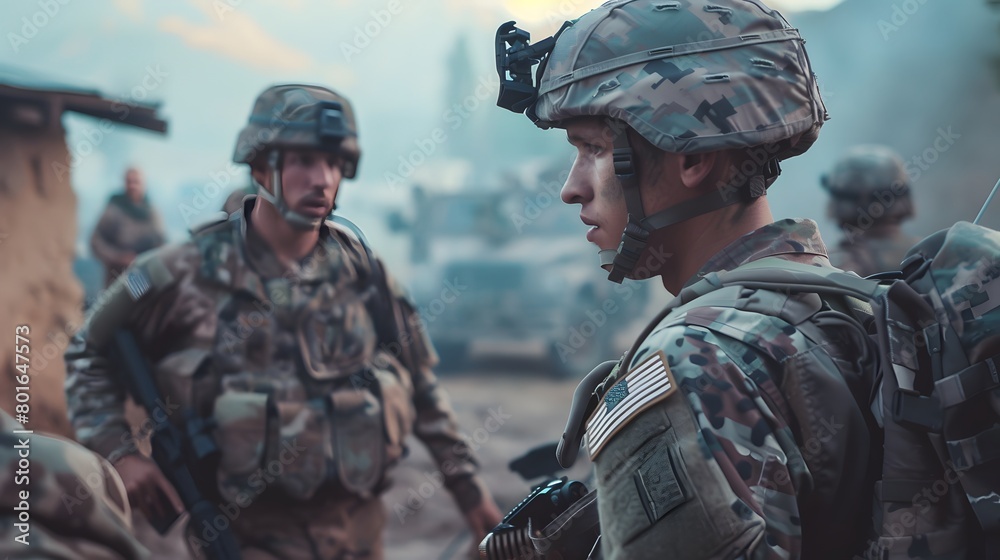 Soldiers in combat gear patrolling a Middle Eastern urban setting Stock ...