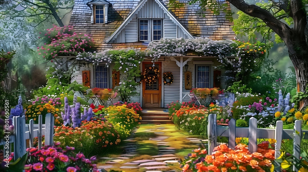 house garden pathway leading breathtaking patchy flowers toon birds ...