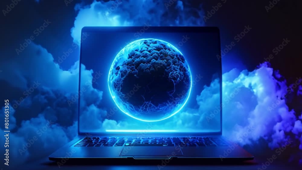 Cybersecurity on the network. Screensaver. The planet flies out from ...