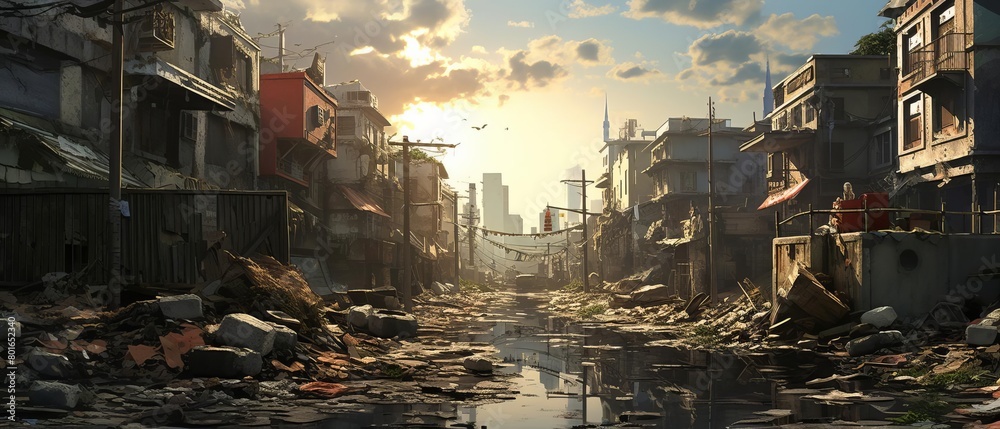 A post-apocalyptic city street with a large sinkhole in the middle. The ...