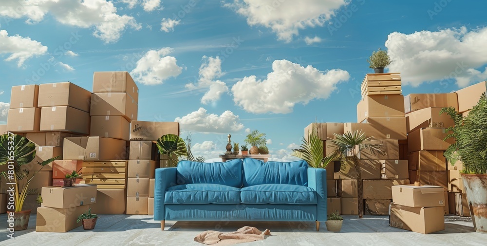 3D rendering of cardboard boxes stacked on top of each other, with ...