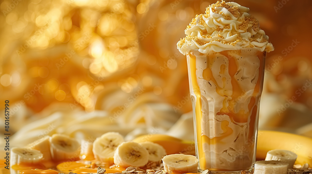 decadent caramel banana milkshake with whipped cream and golden ...
