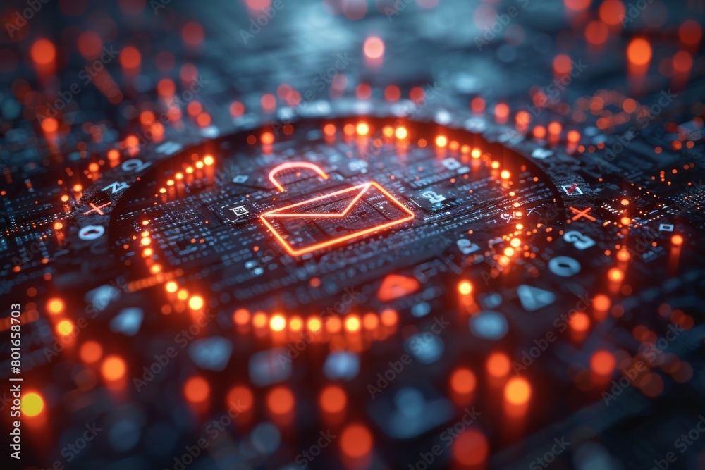 Digital illustration of an email security icon with multiple red check ...