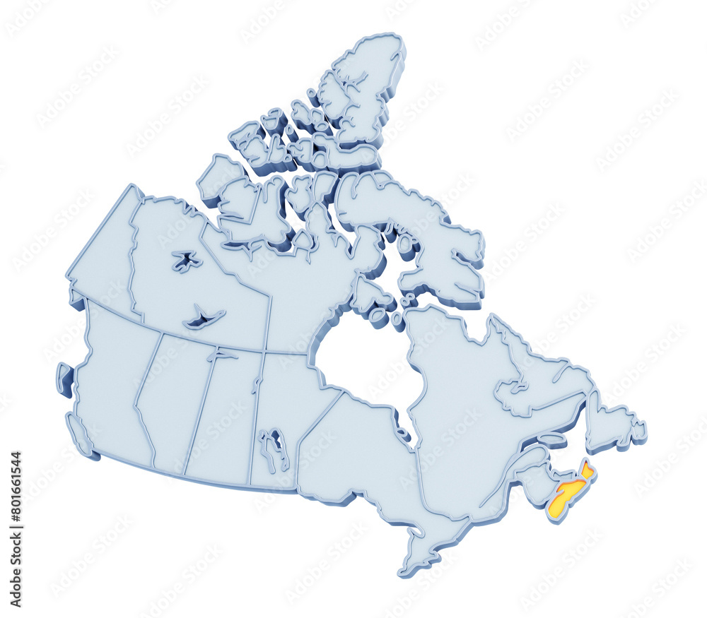 Canadian province of Nova Scotia highlighted in golden yellow on three-dimensional map of Canada ...