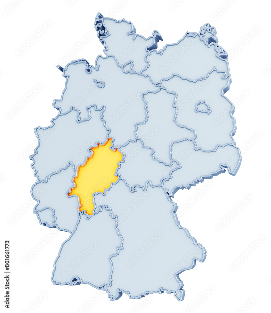 German state of Hesse highlighted in golden yellow on three-dimensional ...