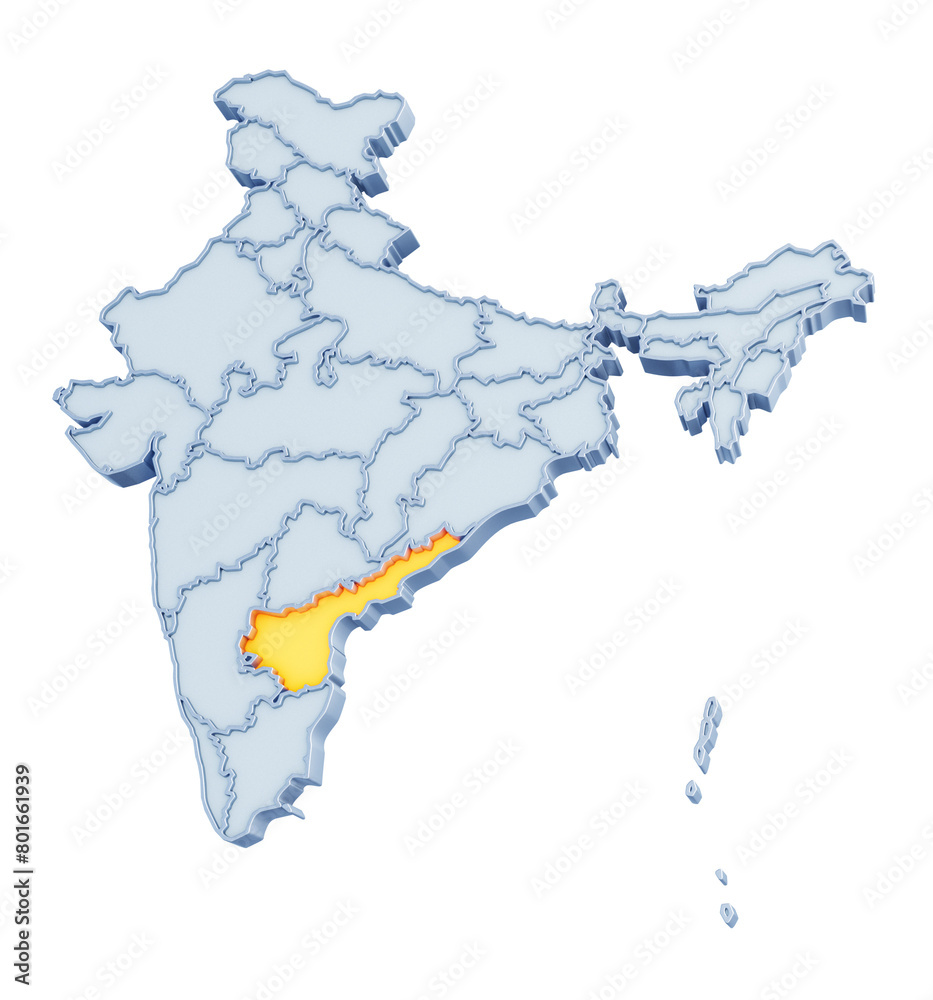 Indian state of Andhra Pradesh highlighted in golden yellow on three ...