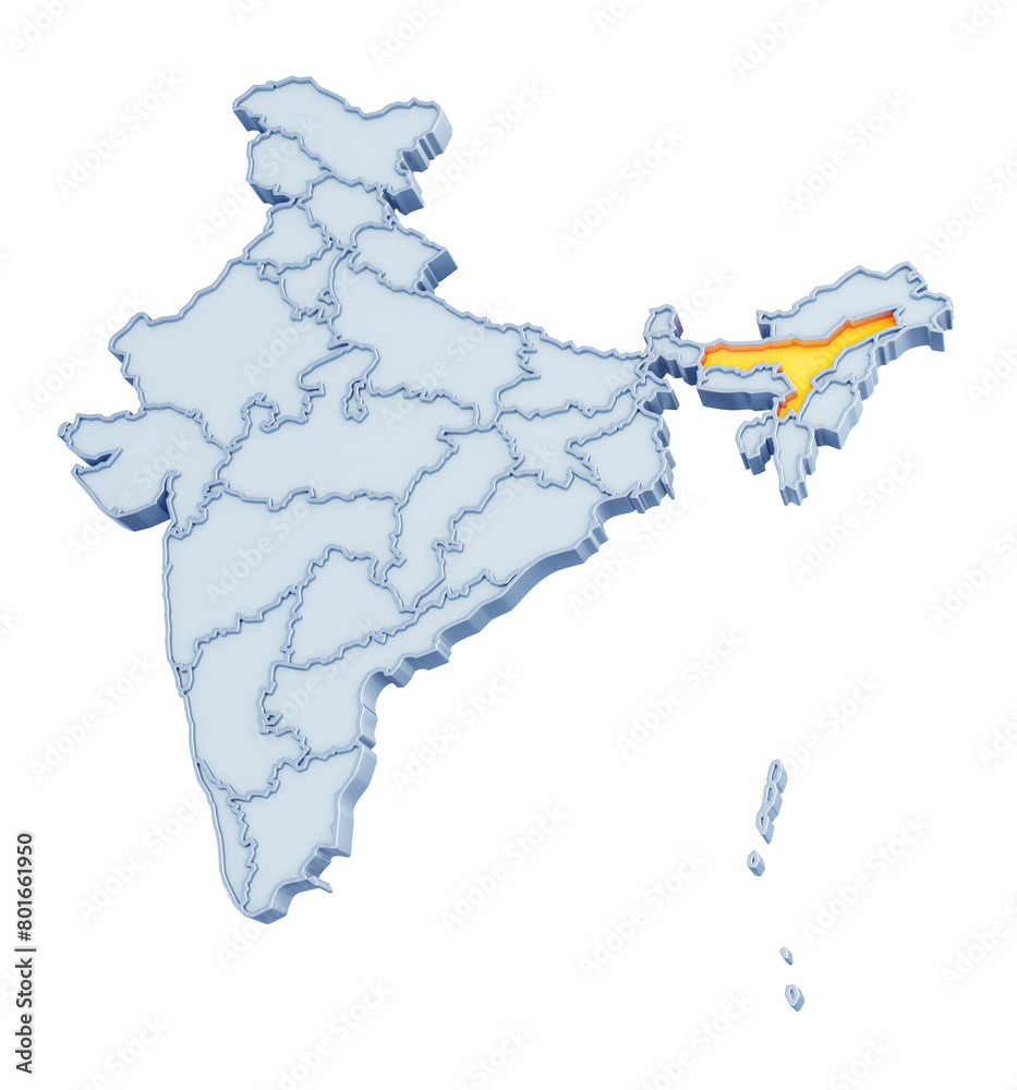 Indian state of Assam highlighted in golden yellow on three-dimensional ...