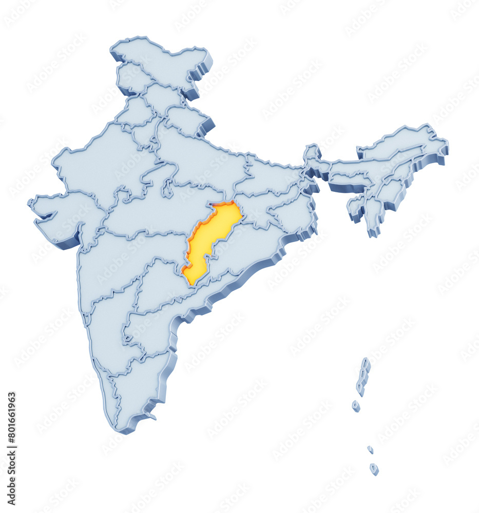 Indian state of Chhattisgarh highlighted in golden yellow on three ...