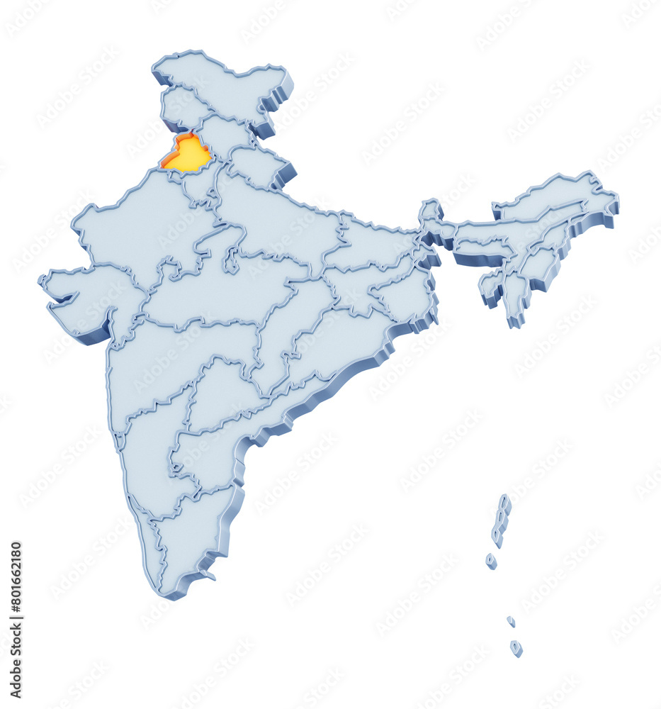 Indian state of Punjab highlighted in golden yellow on three ...