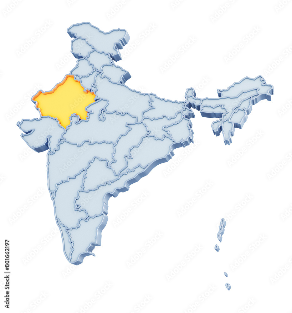 Indian state of Rajasthan highlighted in golden yellow on three ...