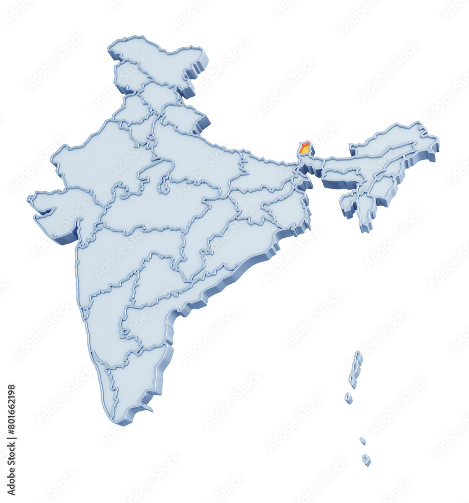 Indian state of Sikkim highlighted in golden yellow on three ...