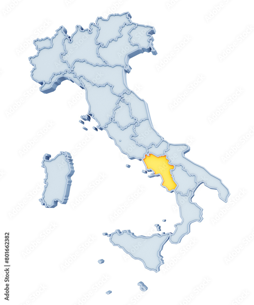 Italian region of Campania highlighted in golden yellow on three ...