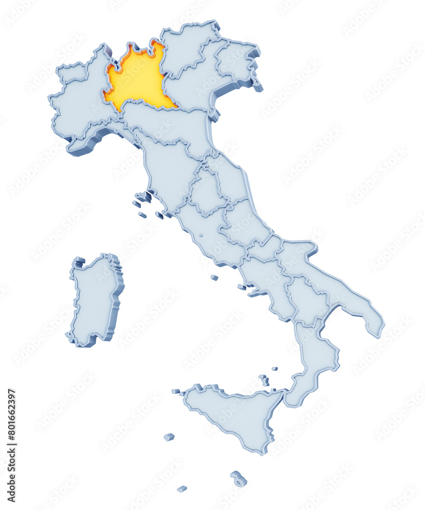 Italian region of Lombardy (Lombardia) highlighted in golden yellow on ...