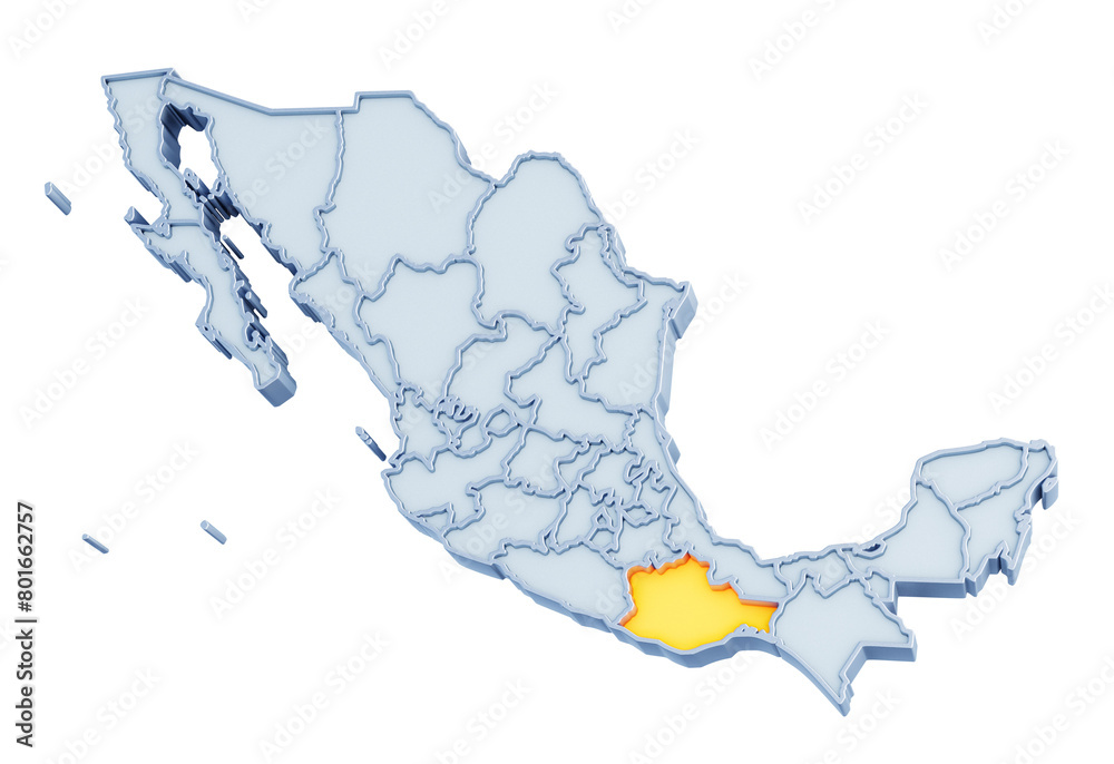 Mexican state of Oaxaca highlighted in golden yellow on three ...