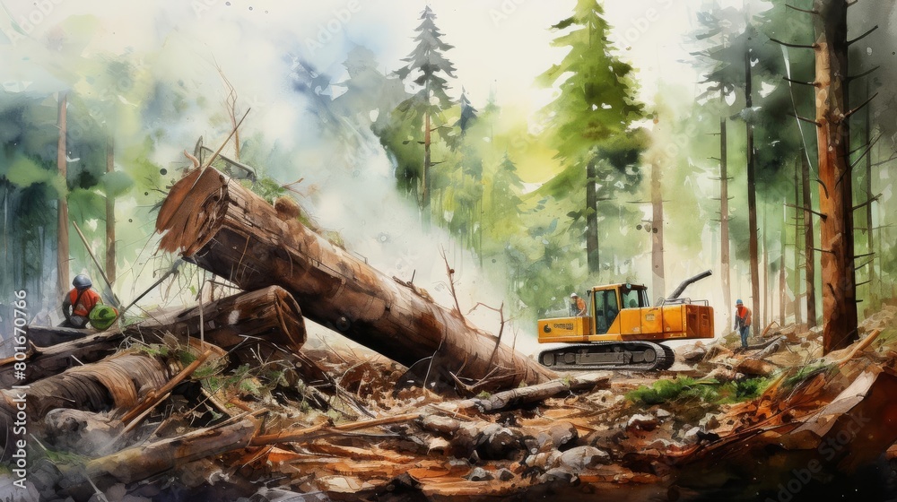 Poster A watercolor painting of a logging operation in the Pacific ...