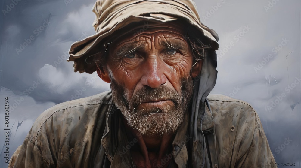 A weathered old man with a lined face and a long white beard. He is ...