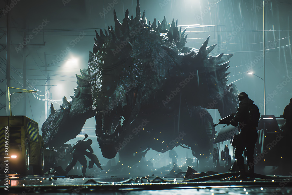 Picture of a giant monster with the armed security guards of the future ...