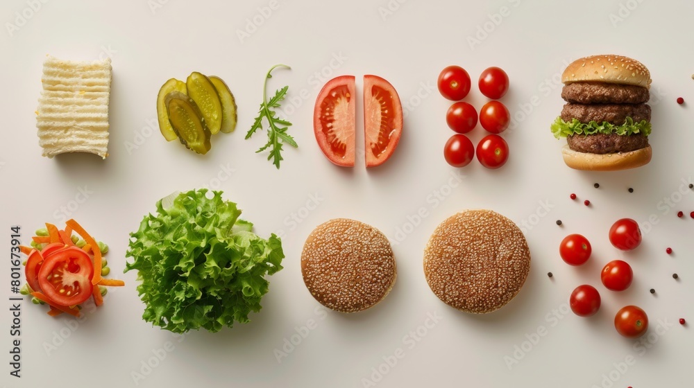 A deconstructed hamburger with its ingredients neatly laid out ...
