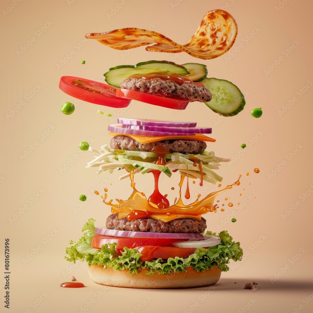 A deconstructed burger with floating layers of ingredients, including ...