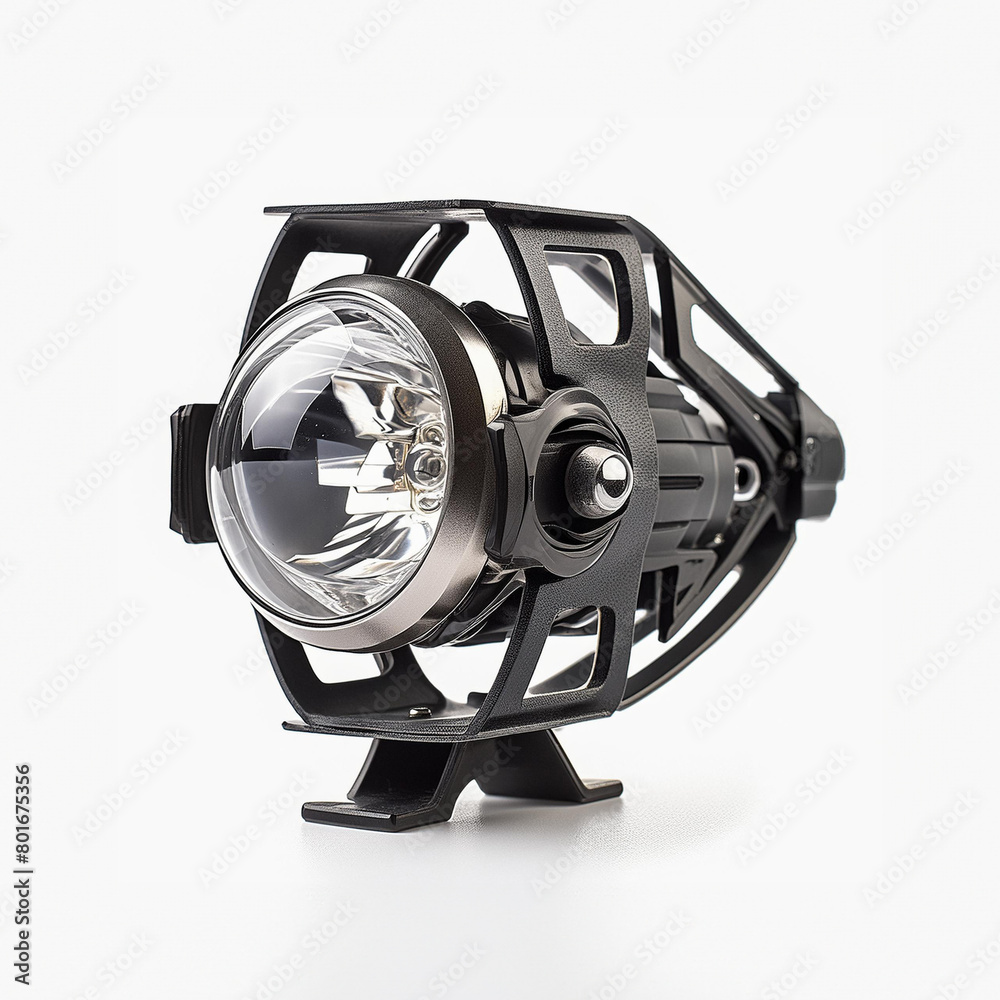 A modern, black-caged spotlight with a clear, focused lens ...