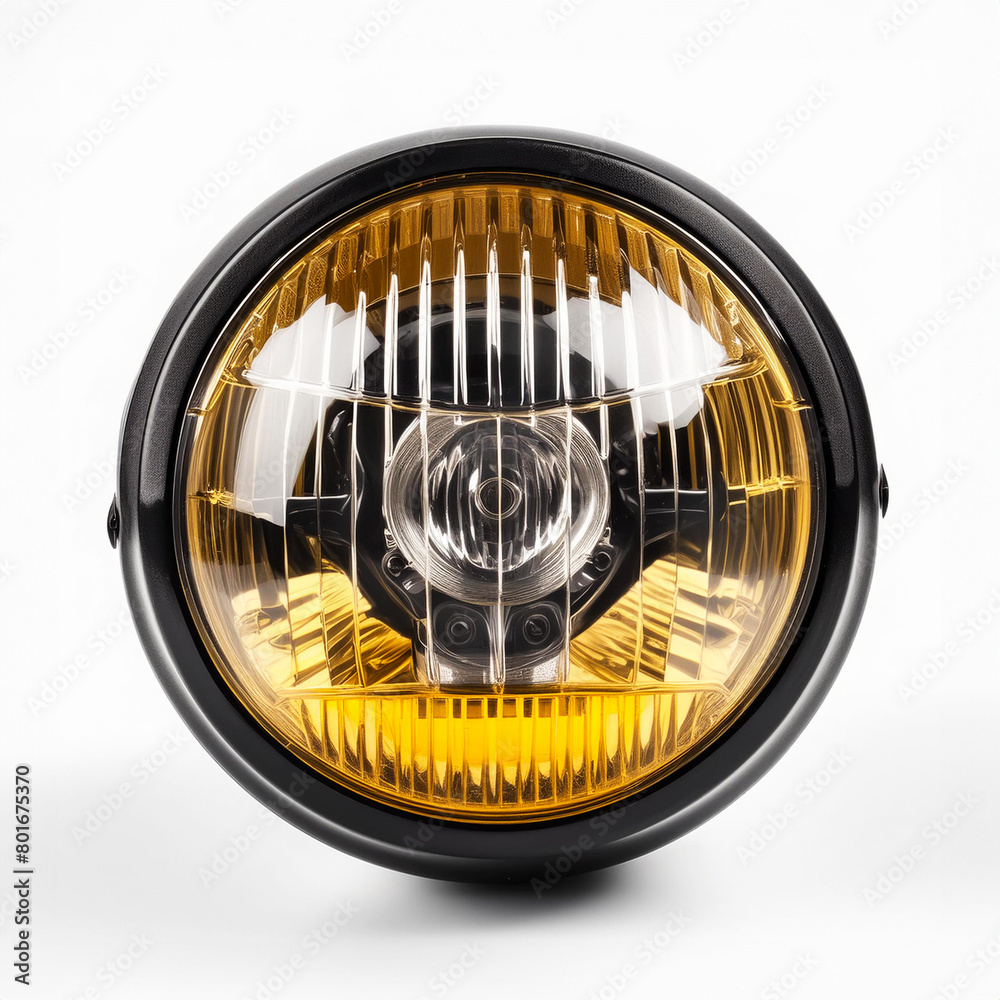 A close-up of a round, vintage car headlight with yellow glass and ...