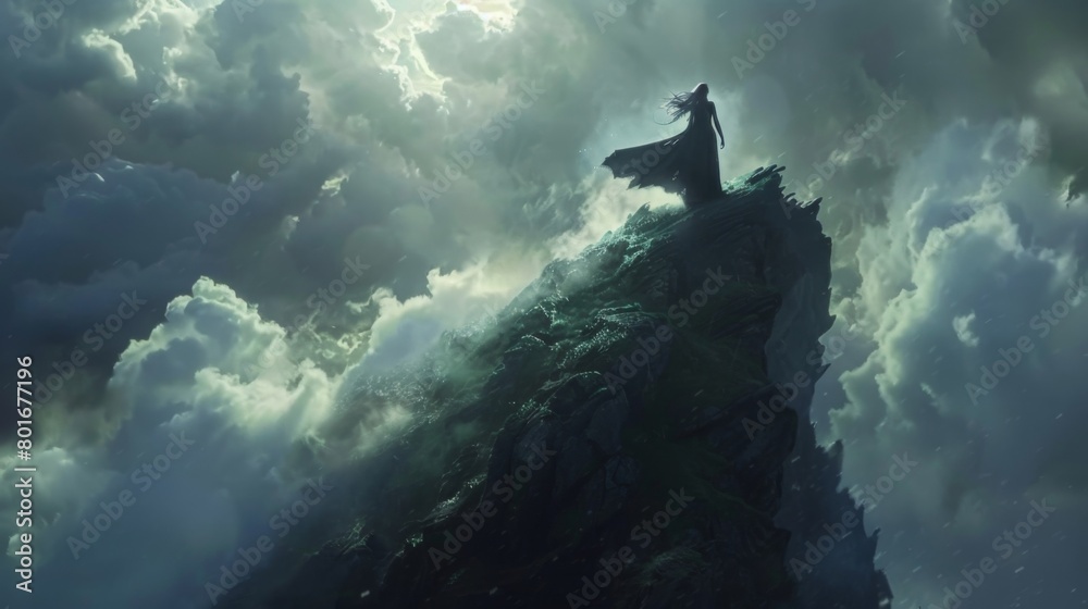 A witch stands atop a towering cliff her hair swirling around her as ...
