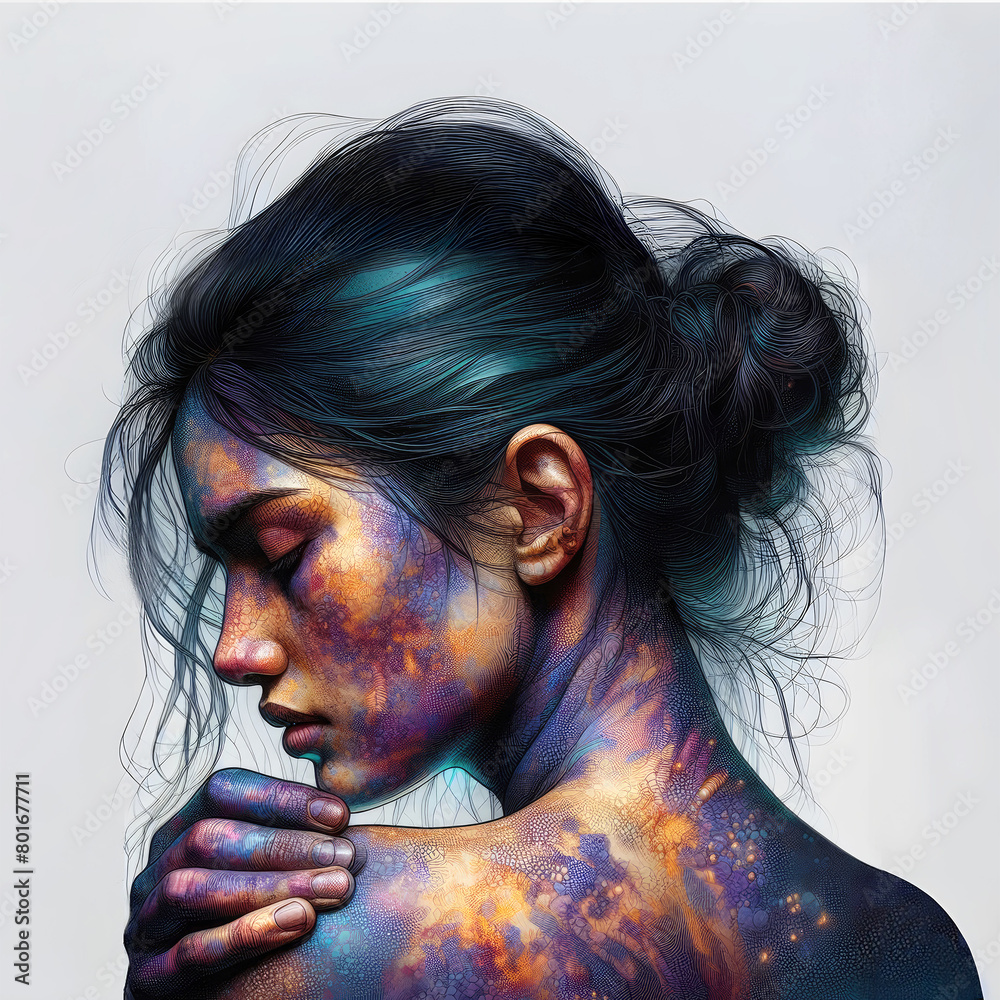 Portrait of a woman suffering from trauma, bruises and pain . Depiction ...