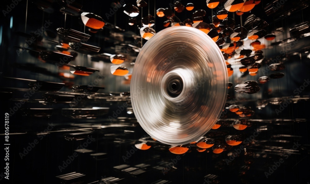 Kinetic art installation with spinning element and motion blur ...