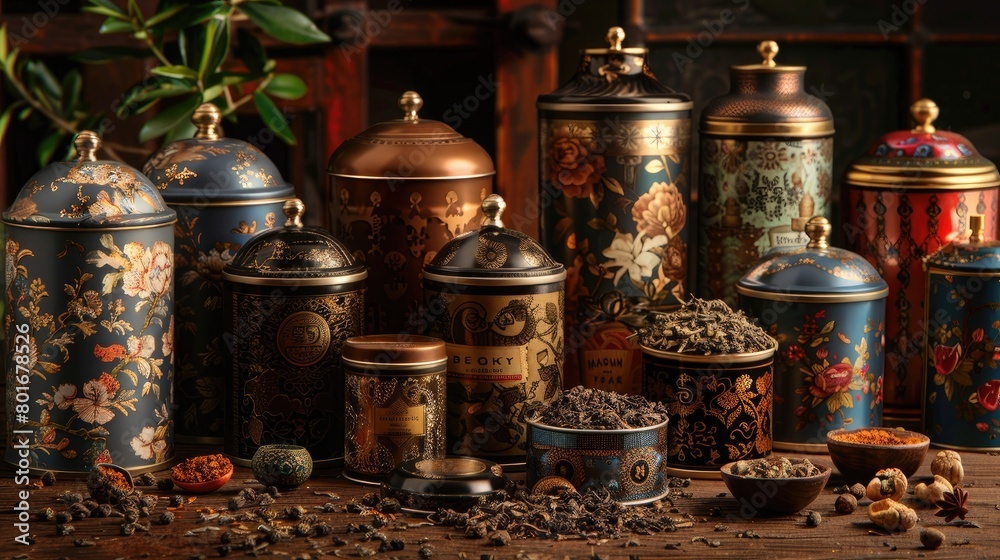 An enchanting image of a variety of tea blends displayed in decorative ...