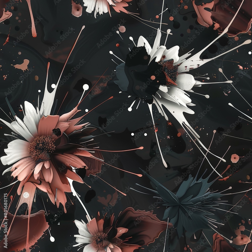 Dramatic abstract art featuring explosive floral motifs with splashes ...
