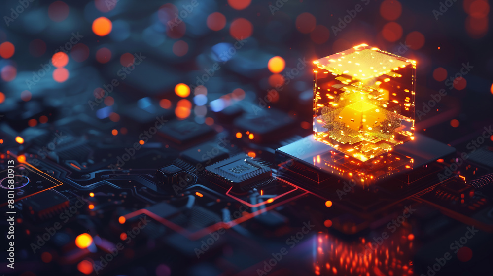 A glowing, 3D-printed trophy resembling a computer chip, against a dark ...