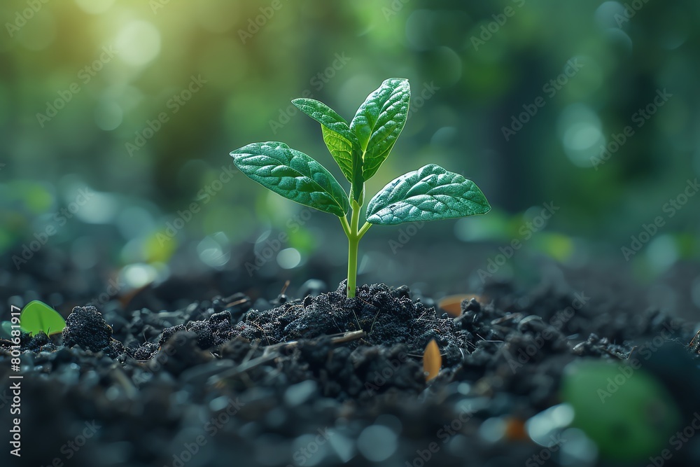 green plant growing out of the soil with green background, professional ...