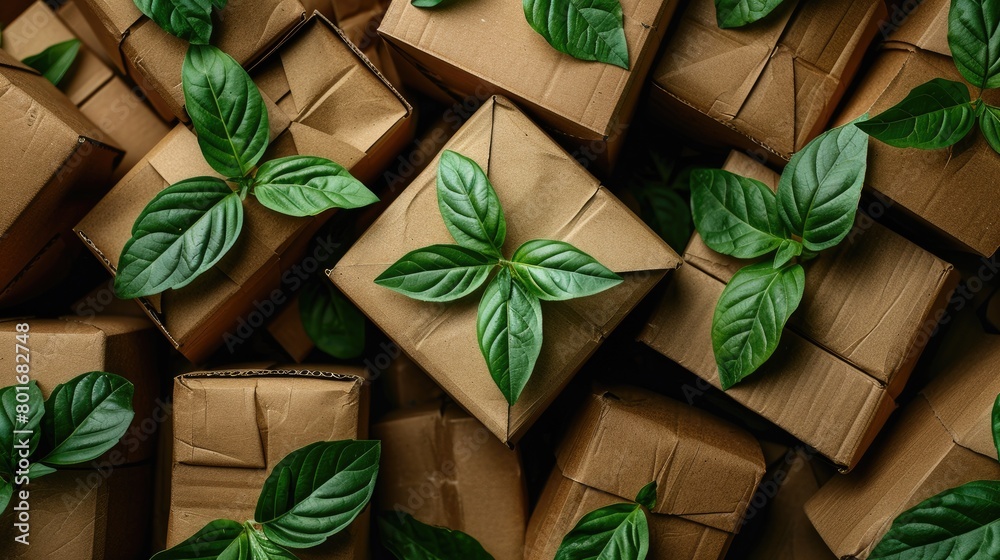 A bunch of cardboard boxes with green leaves on top of them. The boxes ...