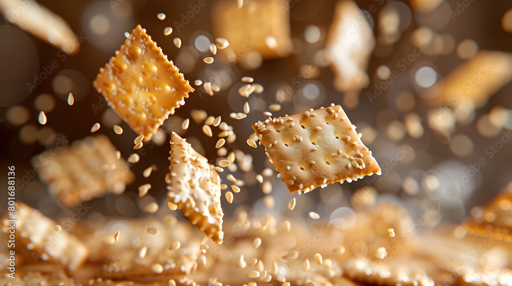 Crispy crackers dynamically flying in the air on a simple light ...