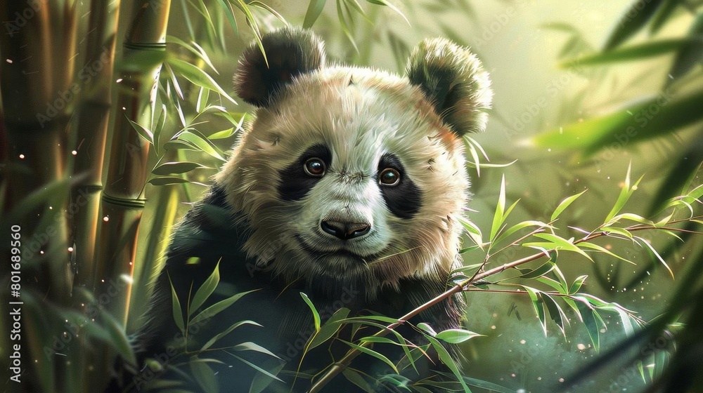 Capture a captivating frontal view of a panda in lush bamboo forest ...