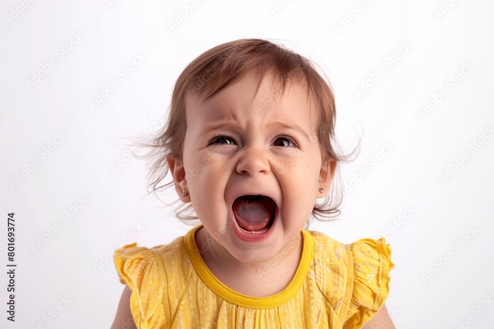 Closeup photo of a cute little baby girl child crying and screaming ...