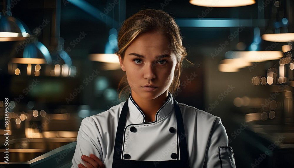 A stern young female chef or back of house cook is working in a ...