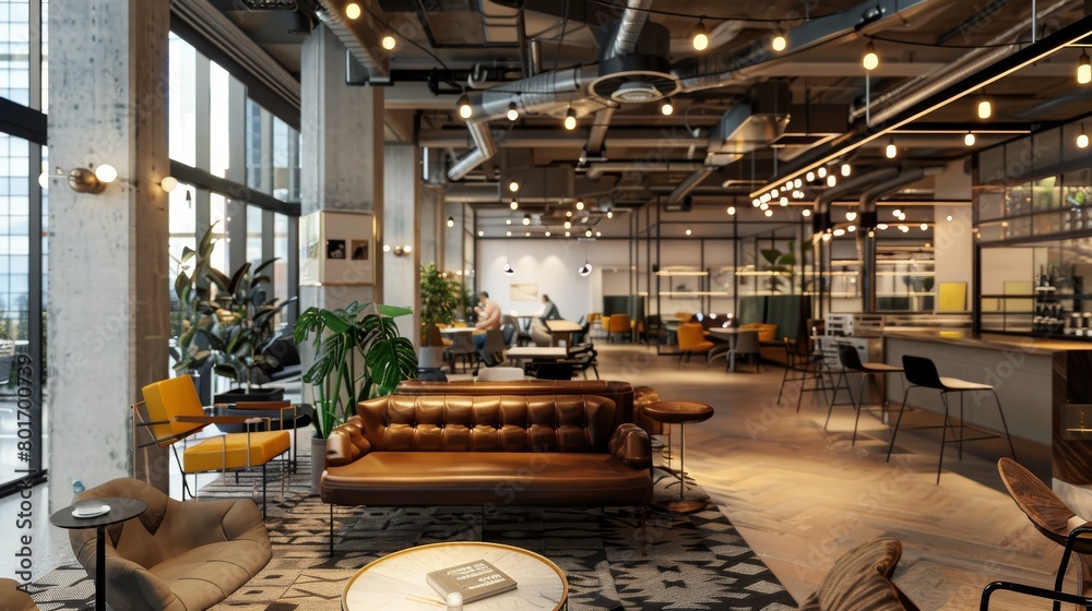 Luxurious coworking space with highend furnishings, private booths, and ...