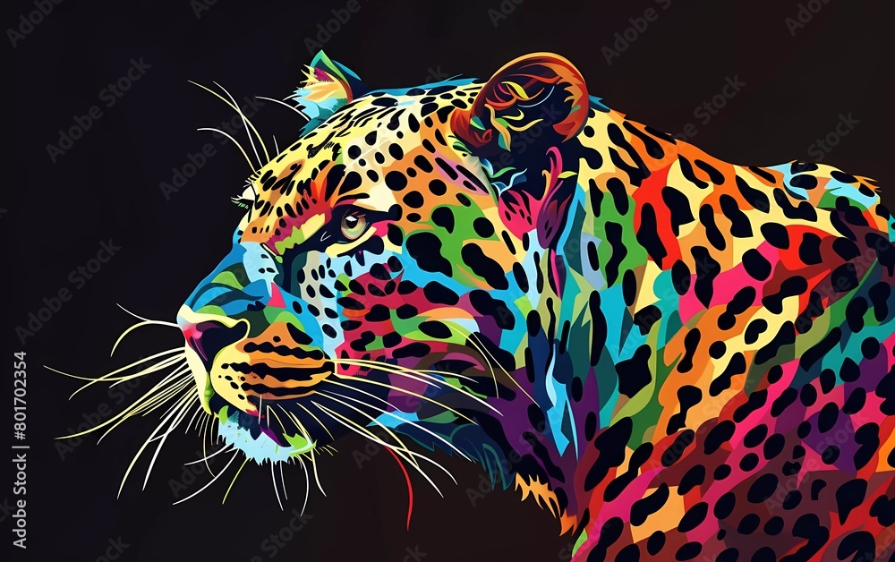 leopard drawn using WPAP art style, isolated black background, pop art ...
