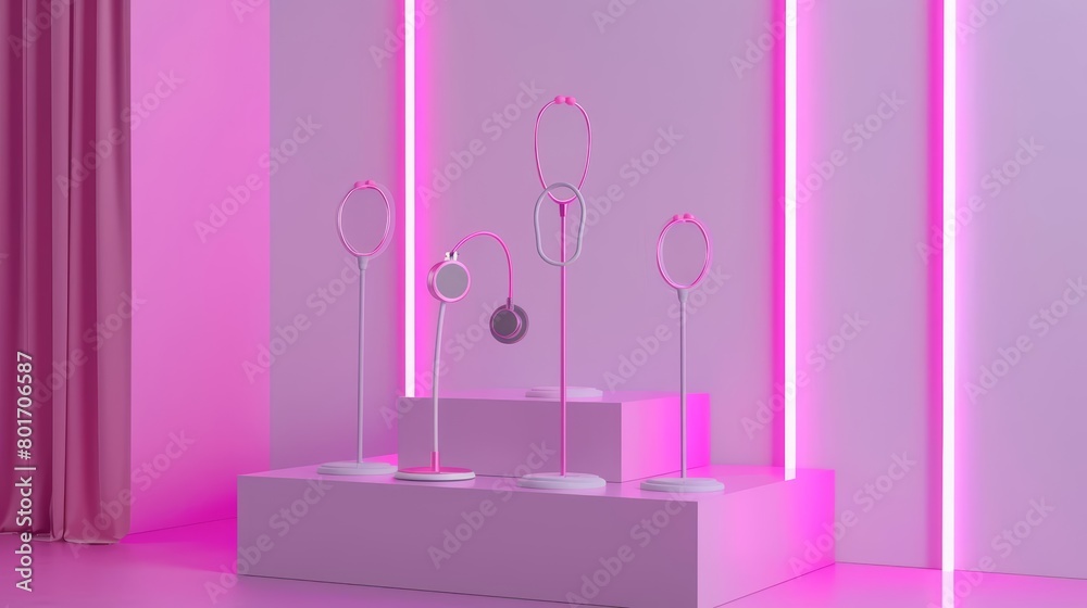 In a minimalist product display, a series of stethoscopes are arrayed ...