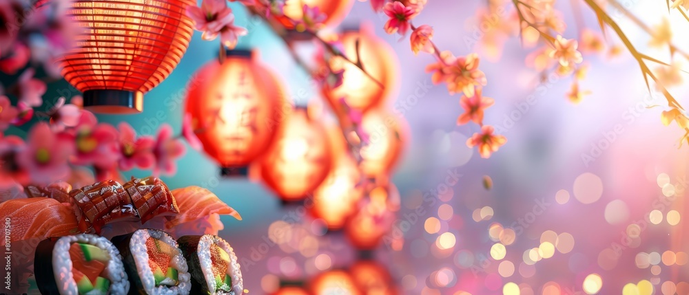 Traditional sushi and vibrant festival lanterns decorate this cultural ...