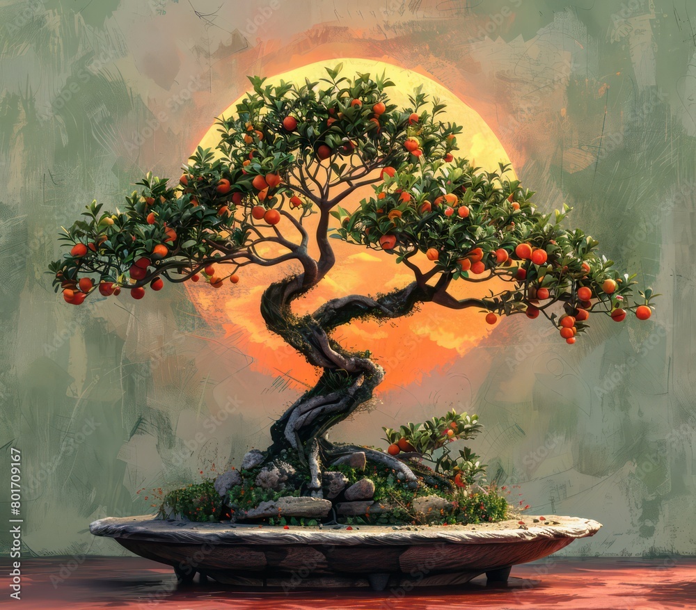 bonsai tree design in illustrator, orange and green Stock Illustration | Adobe Stock