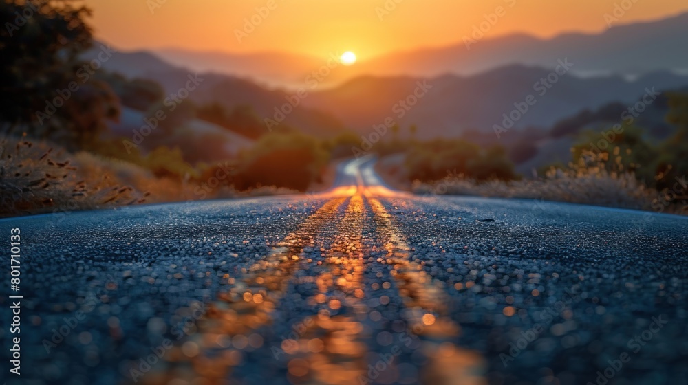 At sunset, a low-level view depicts an empty, old paved road snaking ...
