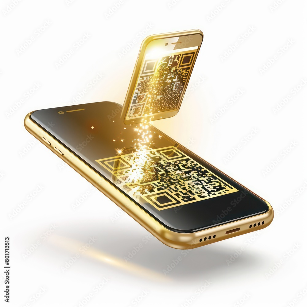 qr code gold flow, mobile phone scanning, white background Stock ...