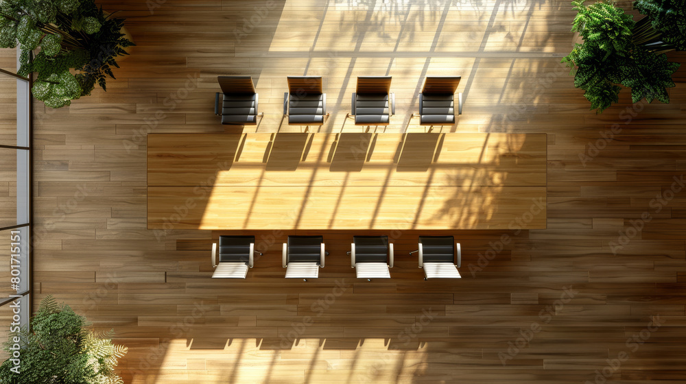 An overhead view of a conference room with a large table and chairs ...
