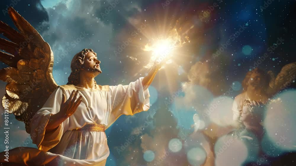the statue of an angel flies with its wings bringing the light of life ...