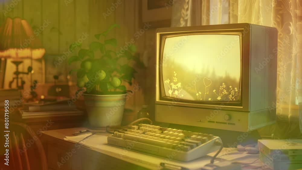 vintage computer in a room with a classic style. sunlight penetrates ...