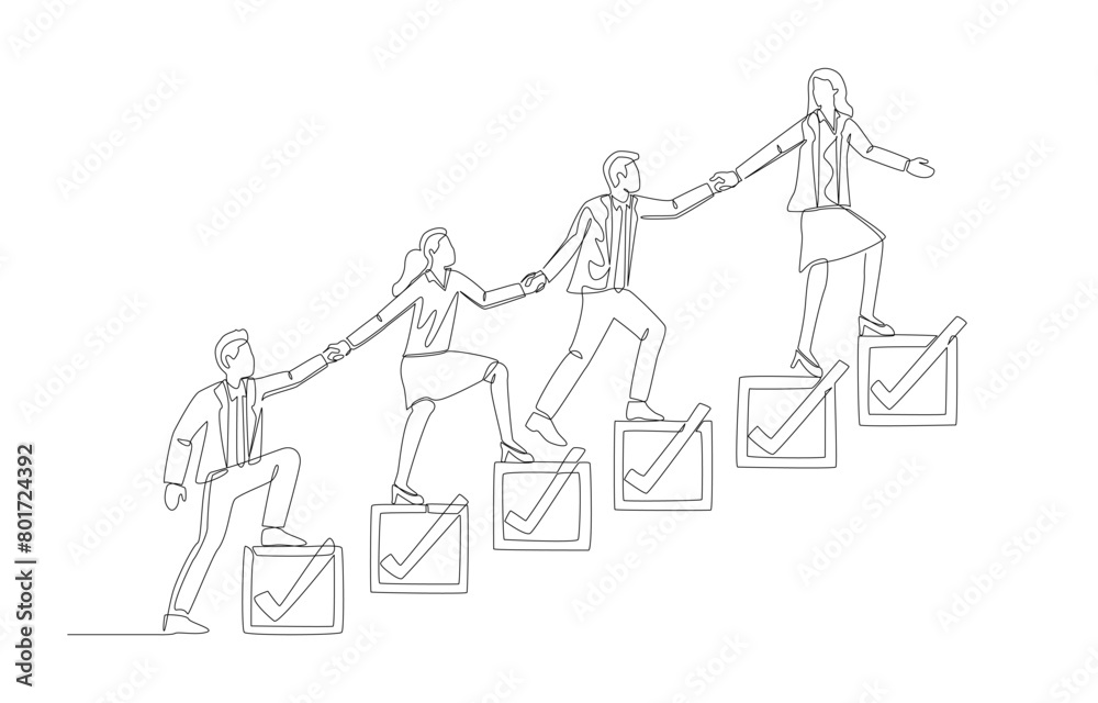 Continuous one line drawing of colleagues holding hands and stepping up ...