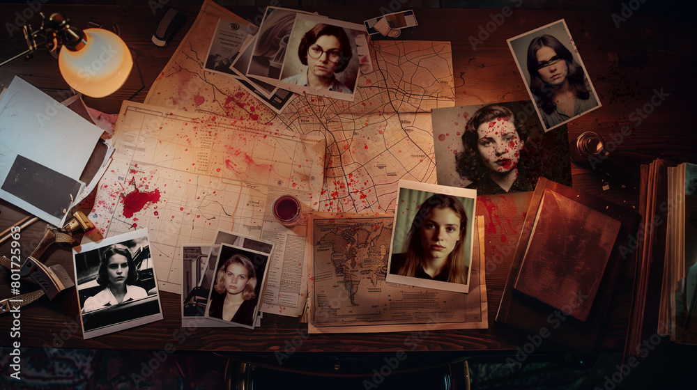Serial killer's desk with photographs of female victims, a city map ...